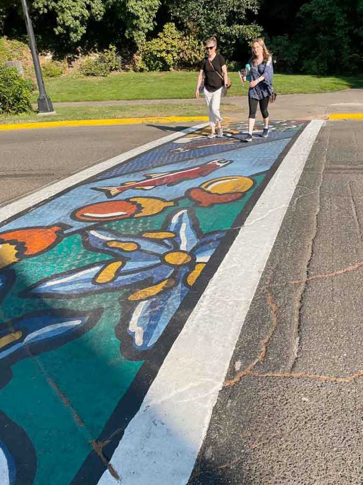 ‘Walking Upstream’: Artful crosswalk installed at entrance to Lithia ...